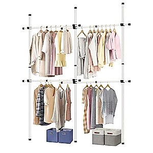 tonchean Floor to Ceiling Clothing Rack Tension Rod Clothes Rack Double 2-Tier Adjustable Clothes Garment Rack Heavy Duty Closet Organizer System
