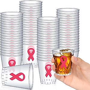 Roshtia 200 Pcs 2 oz Breast Cancer Awareness Cups Pink Ribbon Plastic Shot Glasses Clear Disposable Mini Drinking Wine Cups for Woman Breast Cancer Awareness Month Themed Party Supplies