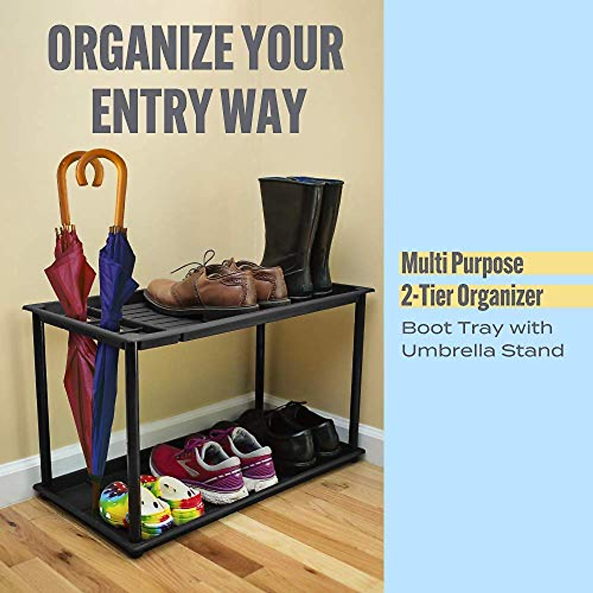 Innover | Two-Tier Boot Tray with Umbrella Stand, Multi-Purpose Shoe Rack Entryway Organizer