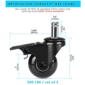 Hirate 5 Pack Office Chair Casters (2 with Brakes, 3 Without), 2" Lockable Heavy Duty Swivel Caster Wheel Replacements for Hardwood Floor Carpet