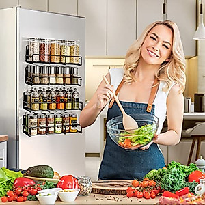 Trouwids Magnetic Spice Rack for Refrigerator, 4 Pack Magnetic Shelf Spice Rack Organizer, Metal Magnetic Fridge Shelf with 8 Hooks for Kitchen Fridge Magnet Organizer for Spice Storage (4 Pack, Black)