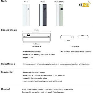 GETINLIGHT 3 Color Levels Dimmable LED Under Cabinet Lighting with ETL Listed, 12-inch, Warm White (2700K), Soft White (3000K), Bright White (4000K), White Finished, IN-0210-1