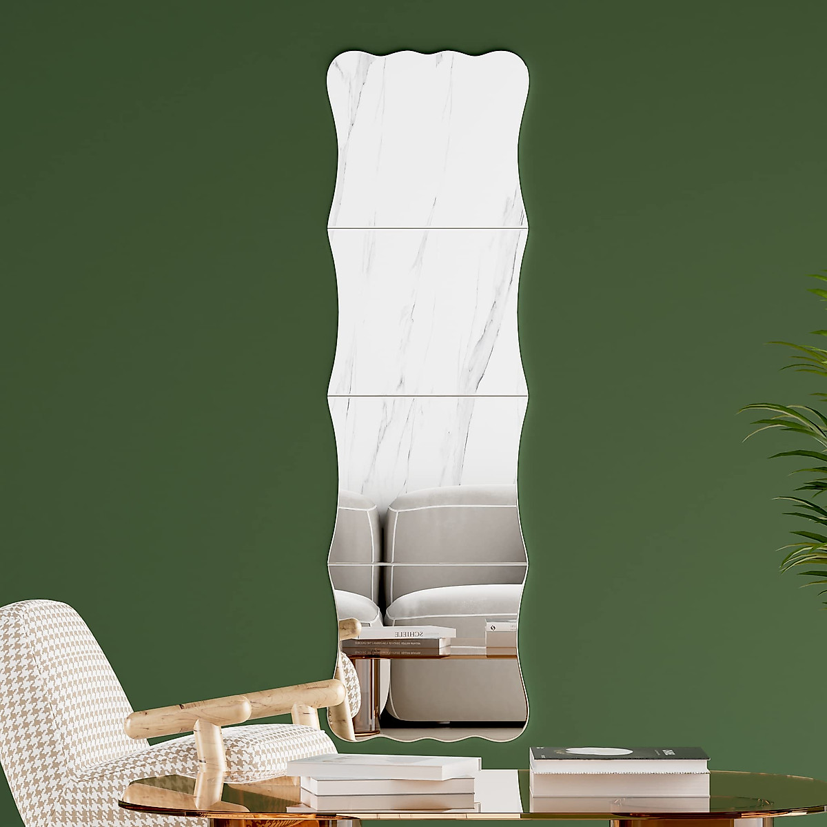 Doeean Wavy Full Length Shatterproof Acrylic Wall Mirror Tiles 47" x 14"(4 Pcs 12"x14"), Non-Glass Safety Body Mirror for Baby Kids Playroom, Frameless Dorm Door Gym