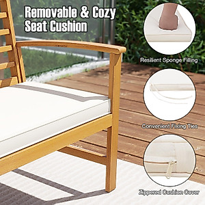 Giantex Acacia Wood Outdoor Bench, 3-Seat Patio Bench with Removable Cushion, Slatted Seat & Backrest, 1200 Lbs Capacity, 64 Inches Extra Long Park Bench for Backyard, Porch, Balcony, Garden Bench