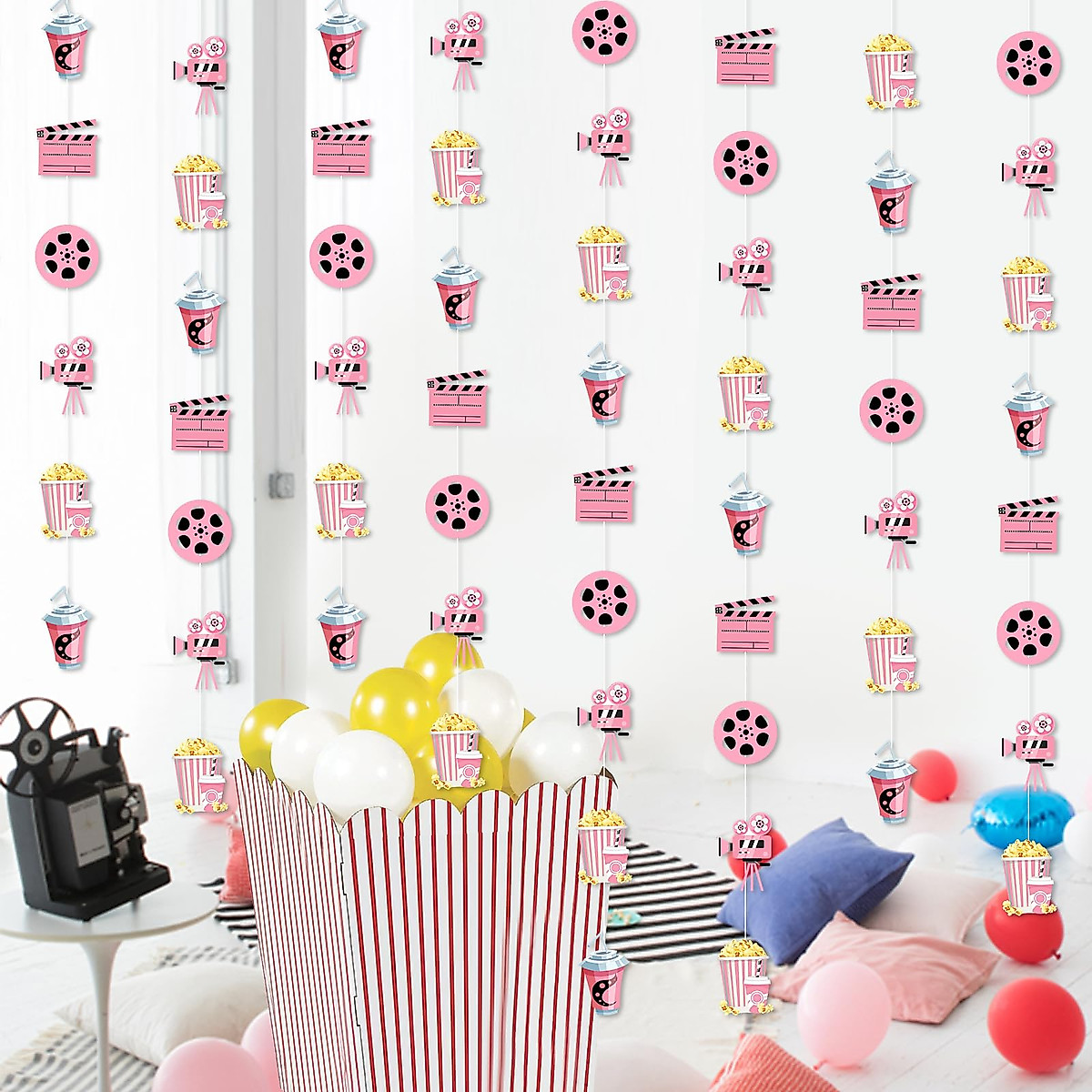 Pink Movie Night Decorations Movie Night Streamers Movie Theme Hanging Decorations Pink Girl Movie Night Birthday Party Supplies Popcorn Camera Movie Theater Decorations for Birthday Bridal Shower