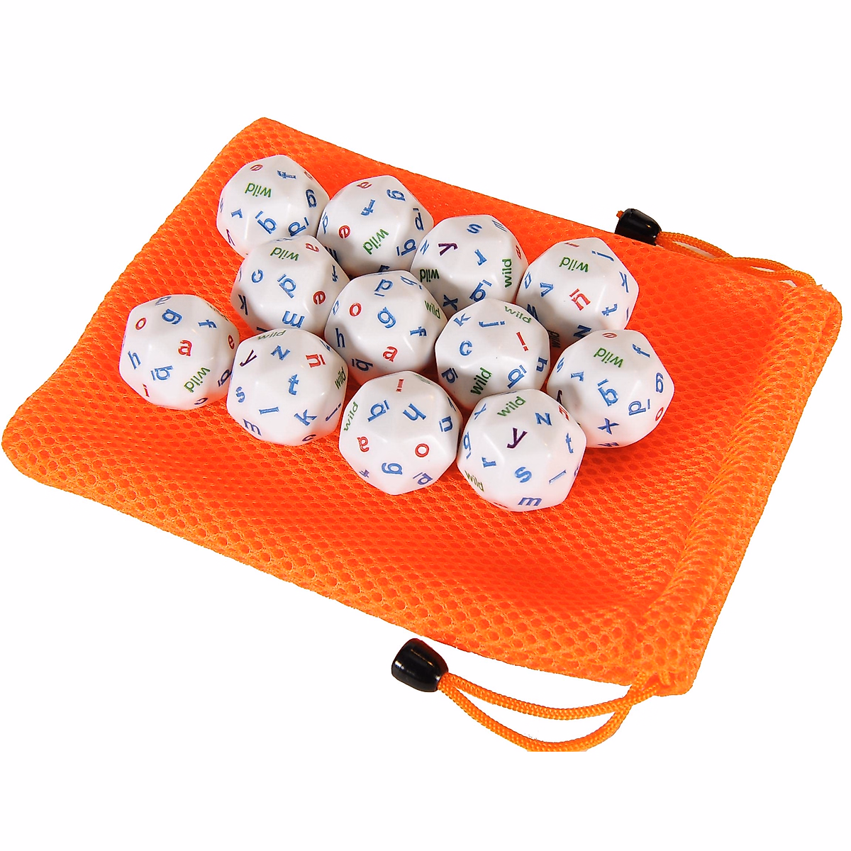 Deluxe Games and Puzzles Alphabet Dice, 30 Sided, Jumbo, Set of 12 Identical Dice, with Orange Mesh Drawstring Pouch, Bundled Item