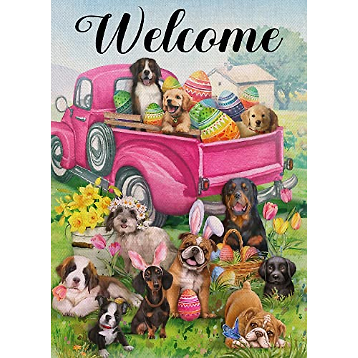 Covido Home Decorative Welcome Easter Eggs Pink Truck Dog Garden Flag, Country Puppy House Yard Daffodil Tulip Daisy Flowers Outside Decoration, Spring Floral Outdoor Small Decor Double Sided 12 x 18