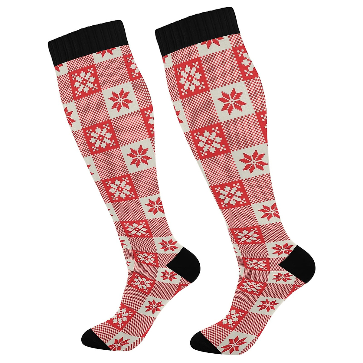 xigua New Year Christmas Checkered Plaid Compression Socks 20-30mmHg Knee High Stockings for Sport Nursing - 1 Pair