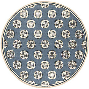 SAFAVIEH Linden Collection 6'7'' Round Cream/Blue LND181N Geometric Indoor/ Outdoor Non-Shedding Easy scrubbing Patio Backyard Porch Deck Mudroom Area-Rug