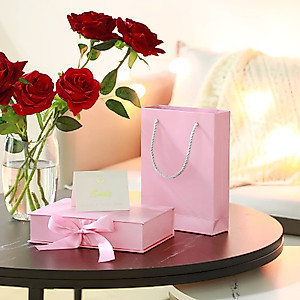 Zonon Gift Box with Lid and Ribbon 9 x 7 x 3'' Luxury Packaging Box Greeting Card and Tissue Paper for Wedding Birthday Graduation Fathers Day Gift Packaging (Pink)