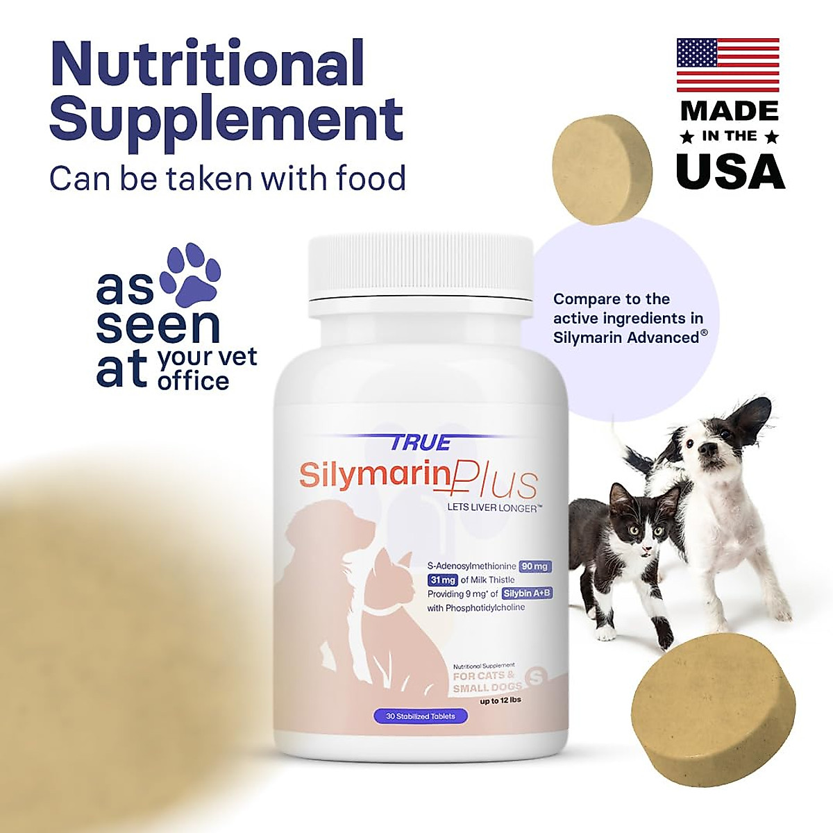 Liver Support & Health Supplement for Small Dogs and Cats – (Milk Thistle) Silymarin & Silybin Formula, (Same), S-Adenosylmethionine, 30 Tablets for Liver Detox & Support
