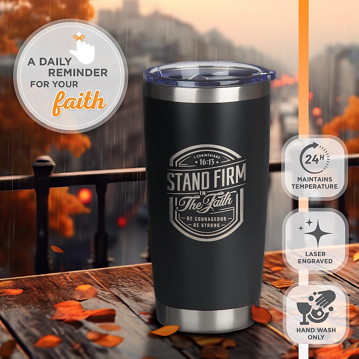 Christian Art Gifts Large Stainless Steel Inspirational Travel Mug Tumbler for Men & Women: Stand Firm Encouraging Bible Verse, Double Wall Vacuum Insulated w/Lid, Hot/Cold Beverage, Black, 18 oz.