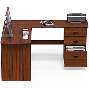SHW L-Shaped Home Office Wood Corner Desk with 3 Drawers, Walnut