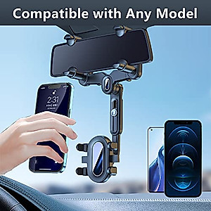 softcute Rearview Mirror Phone Holder for Car,360°Rotatable and Retractable Car Phone Holder, Four Corners Fixed Anti-Shake Design for All Phones and All Car Rearview Mirror with Button
