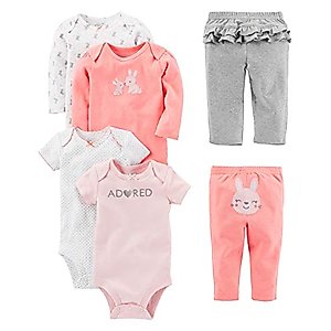 Simple Joys by Carter's Baby Girls' 6-Piece Bodysuits (Short and Long Sleeve) and Pants Set, Multicolor/Bunny/Dots/Text Print, 0-3 Months