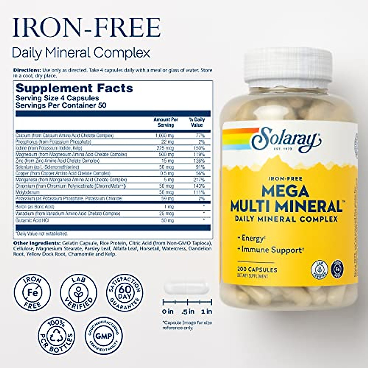 Solaray Iron-Free Mega Multi Mineral, Daily Mineral Complex with Calcium, Magnesium, Zinc, and More in Absorbable Chelated Forms, Overall Health, Energy and Immune Support (200 Capsules, 50 Servings)