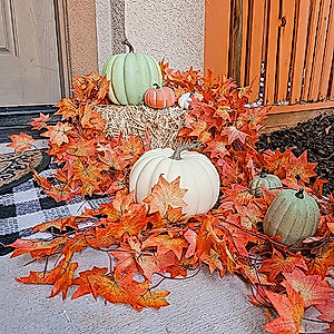 CQURE 14 Pack 98Ft Fall Leaf Garland, Hanging Vines Garland Artificial Fall Maple Leaves Garland Thanksgiving Decor for Home Wedding Fireplace Party （Orange Green）