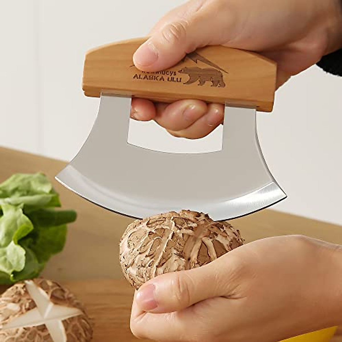 WiuCYS 5inch Alaskan Mezzaluna Ulu Knife, Salad Veggies Rocker Chopper Slicer Cutter Chef Hashing Chopping Mincing Knives Cleaver with Wooden Stand Sheath Arthritic Tool