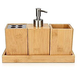 Navaris Bamboo Bathroom Accessories Set - 4-Piece Bath Set with Toothbrush Holder, Soap Dispenser, Storage Container, Organiser Tray - Natural Wood