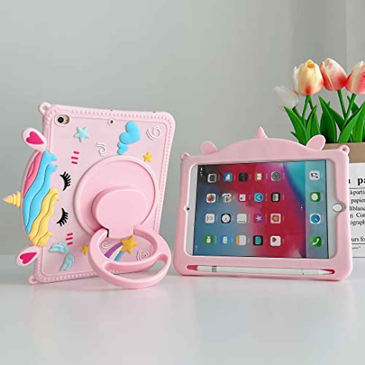 Premium Cute Soft Silicone Pink Unicorn Pattern Tablet Case with Built-in Foldable Kickstand and Lanyard Shockproof Cover Case for iPad Air 4 2020 10.9"