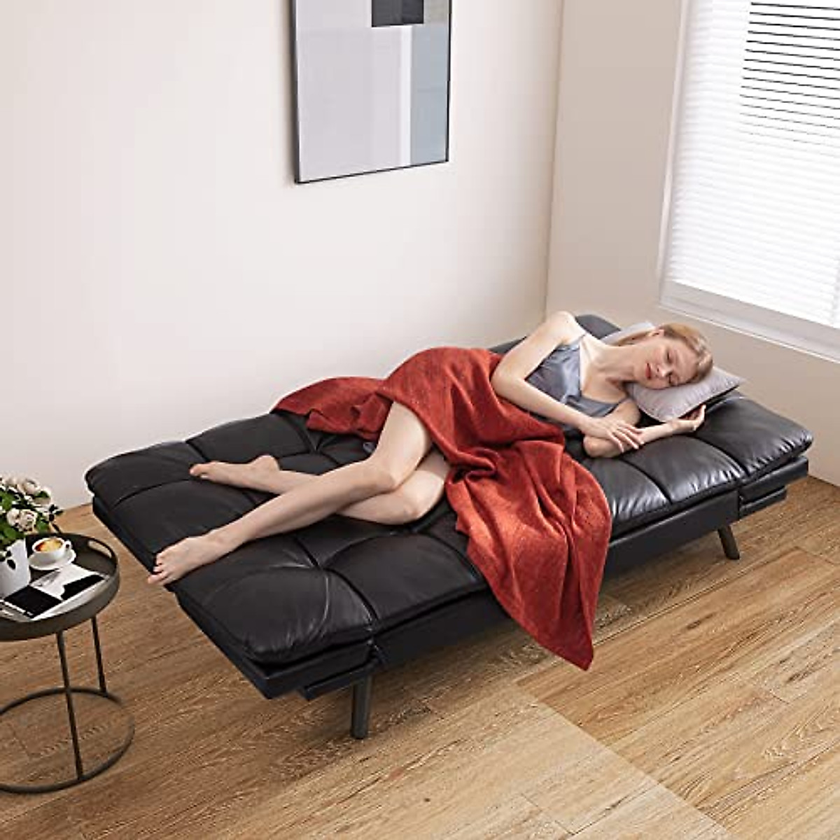 Vyfipt Futon Bed/Couch,Black Faux Leather Memory Foam Small Splitback Convert Backrests&Armrests,Easy to Clean Sofas, 71x33x31.5IN