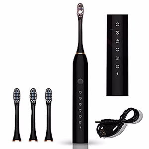 Sonic Electric Toothbrush Rechargeable Ideal for Adults Children, 6 Optional Modes IPX7 USB Fast Charging Electric Ultrasonic Toothbrush with 2 min Build in Timer & 4 Replacement Brush Heads（Black）