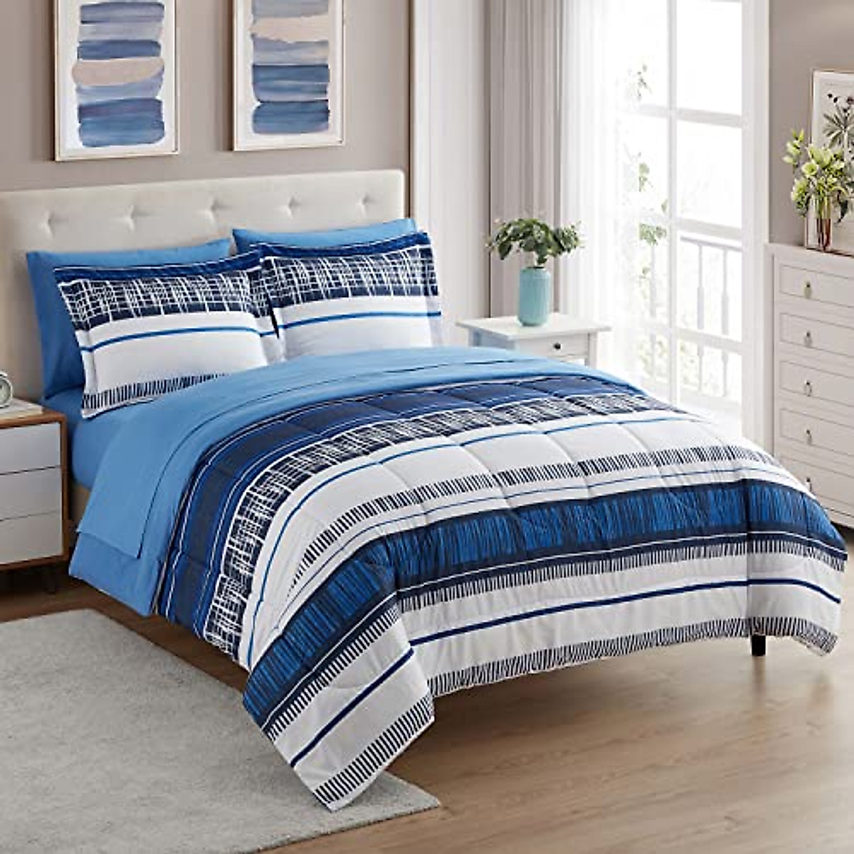 Sweet Home Collection 7 Piece Comforter Set Bag Solid Color All Season Soft Down Alternative Blanket & Luxurious Microfiber Bed Sheets, Mediterranean, Queen