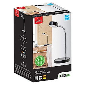 Globe Electric 12643 Energy Star Integrated LED Desk Lamp, Matte Black, Chrome Gooseneck, 5 Watts, 250 Lumens