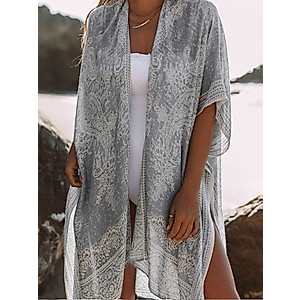 Breezy Lane Women's Kimono Beach Coverup Summer Cardigan Swimsuit Cover Up with Grey Floral Print