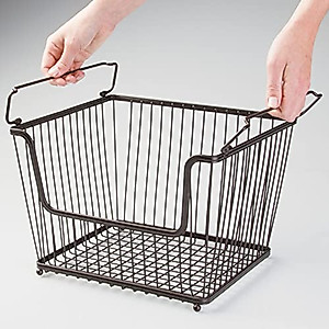 mDesign Stackable Metal Basket for Kitchen Storage - Large Wire Farmhouse Bin Basket w/Handles for Pantry - Stacking Wire Basket Organizer for Food, Drinks - Hyde Collection, 3 Pack, Bronze