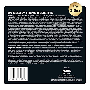 CESAR HOME DELIGHTS Adult Wet Dog Food Pot Roast & Vegetable, Beef Stew, Turkey Potato & Green Bean, and Hearth Chicken & Noodle Variety Pack, 3.5 oz. Easy Peel Trays, Pack of 24