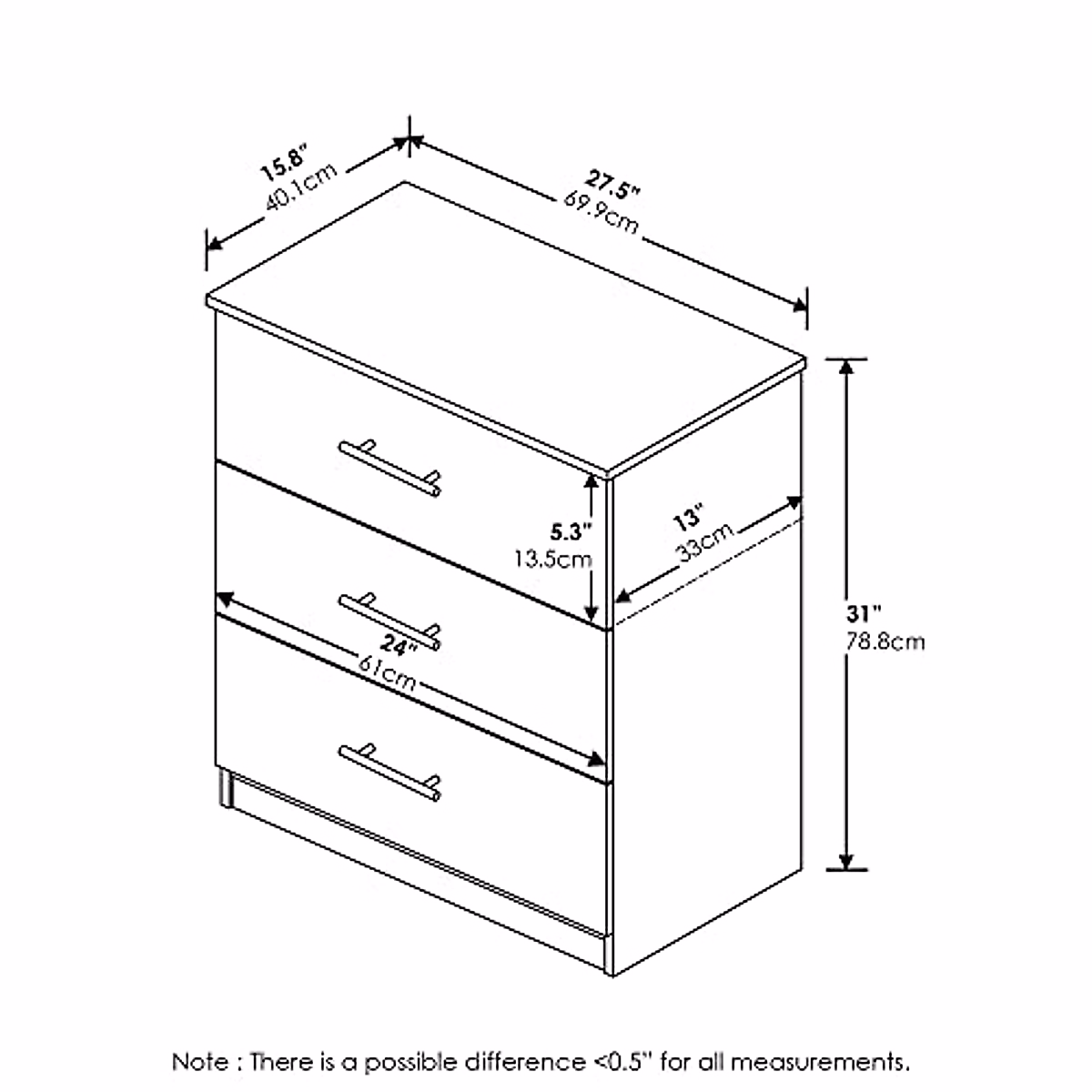 Furinno Tidur Simple Design Dresser, 3-Drawer Handle, Solid White