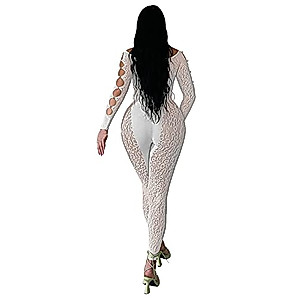 Uni Clau Women Off Shoulder Bodycon Jumpsuit Sexy Long Sleeve Mesh Sheer Long Pant Set Romper See-Through Playsuit White M
