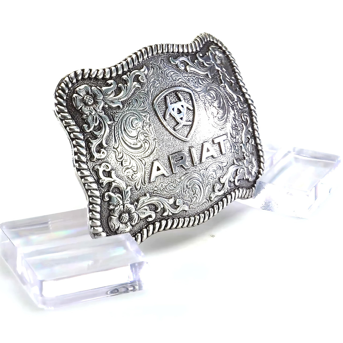 ARIAT Scalloped Logo Buckle with Twisted Rope Edge, Floral Scrolls, Filigree Detailing, 3 ¾" x 2 ¾"