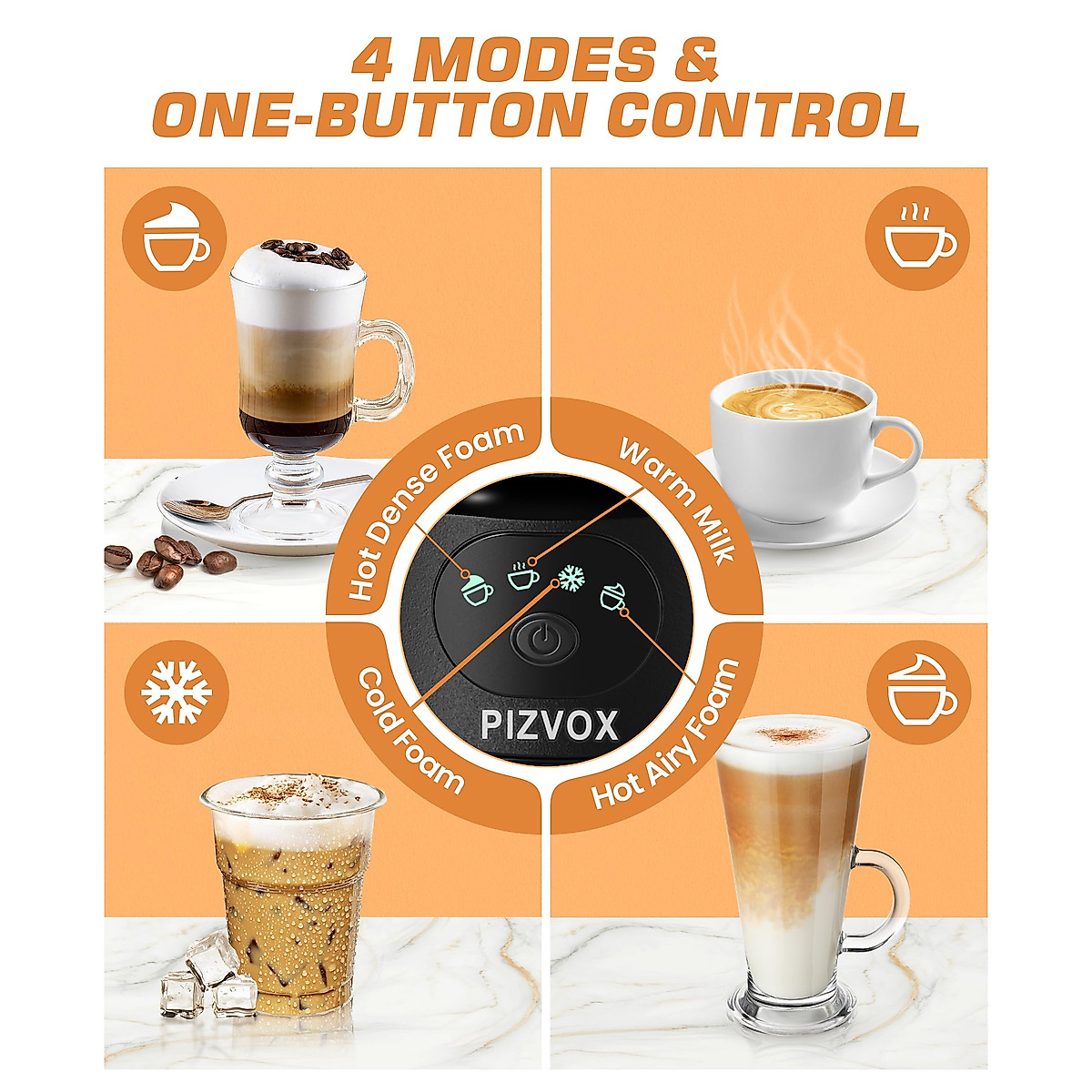 PIZVOX 4-in-1 Electric Milk Frother and Steamer - Versatile & Quiet Foam Maker with Automatic Shut-Off - Perfect for Lattes, Cappuccinos, Macchiato - Large 350ml Capacity for Home Baristas (Black2)
