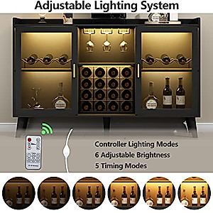 Auromie Wine Bar Cabinet with Led Light, Home Coffee Cabinet with Wine and Glass Rack, Kitchen Buffet Sideboard with Storage Shelves, Freestanding Liquor Cabinet for Living Room, Dining Room (Black)