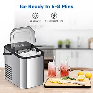Countertop Ice Maker, 26 lbs in 24 Hours, 9 Bullet Ice Cubes Ready in 6 Mins, Portable Ice Machine with Handle, 2 Sizes Ice Cubes, with Ice Scoop and Basket for Home/Kitchen/Bar/RV