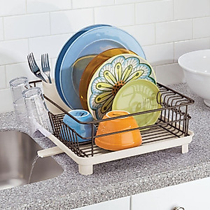 mDesign Metal Wire Kitchen Countertop, Sink Dish Drying Rack - Removable Plastic Cutlery Tray, Drainboard with Adjustable Swivel Spout - 3 Pieces - Bronze/Cream