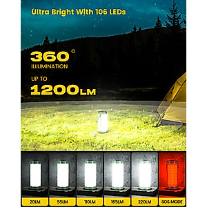 Glocusent Survival Camping Lantern, 106LED with 5 Brightness, Up to 1200LM, 3 Modes & SOS, Rechargeable for 80hrs, IP68 Waterproof, Small & Light, Emergency Light for Blackout, Hurricane, Hiking