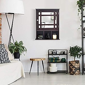 DORTALA Bathroom Wall Storage Cabinet, Mirror Cabinet Organizer, Wooden Hanging Medicine Cabinet Organizer w/Adjustable Shelf & 3 Open Compartments, Brown