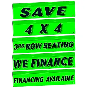 Versa Tags Windshield Slogan Stickers 12 Pack Each of Save, 4X4, 3RD Row Seating, WE Finance, FINANCING Available (60) Window Stickers Total Dealership Stickers Black On Green
