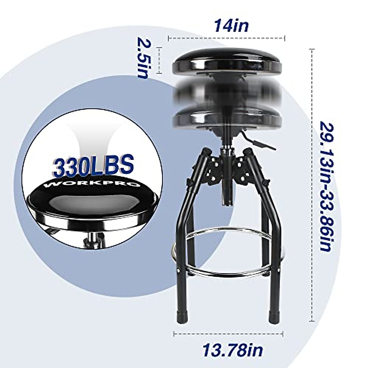 WORKPRO Heavy Duty Adjustable Hydraulic Shop Stool,Garage Bar Stool, 29in to 33.86in, 330-Pound Capacity, Black