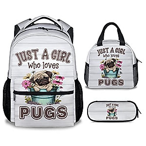COOPASIA Cute Pug Backpack with Lunch Box and Pencil Case, 16 Inch Dog Theme Bookbag with Adjustable Straps, Durable, Lightweight, Large Capacity, School Backpack for Kids Girls Boys