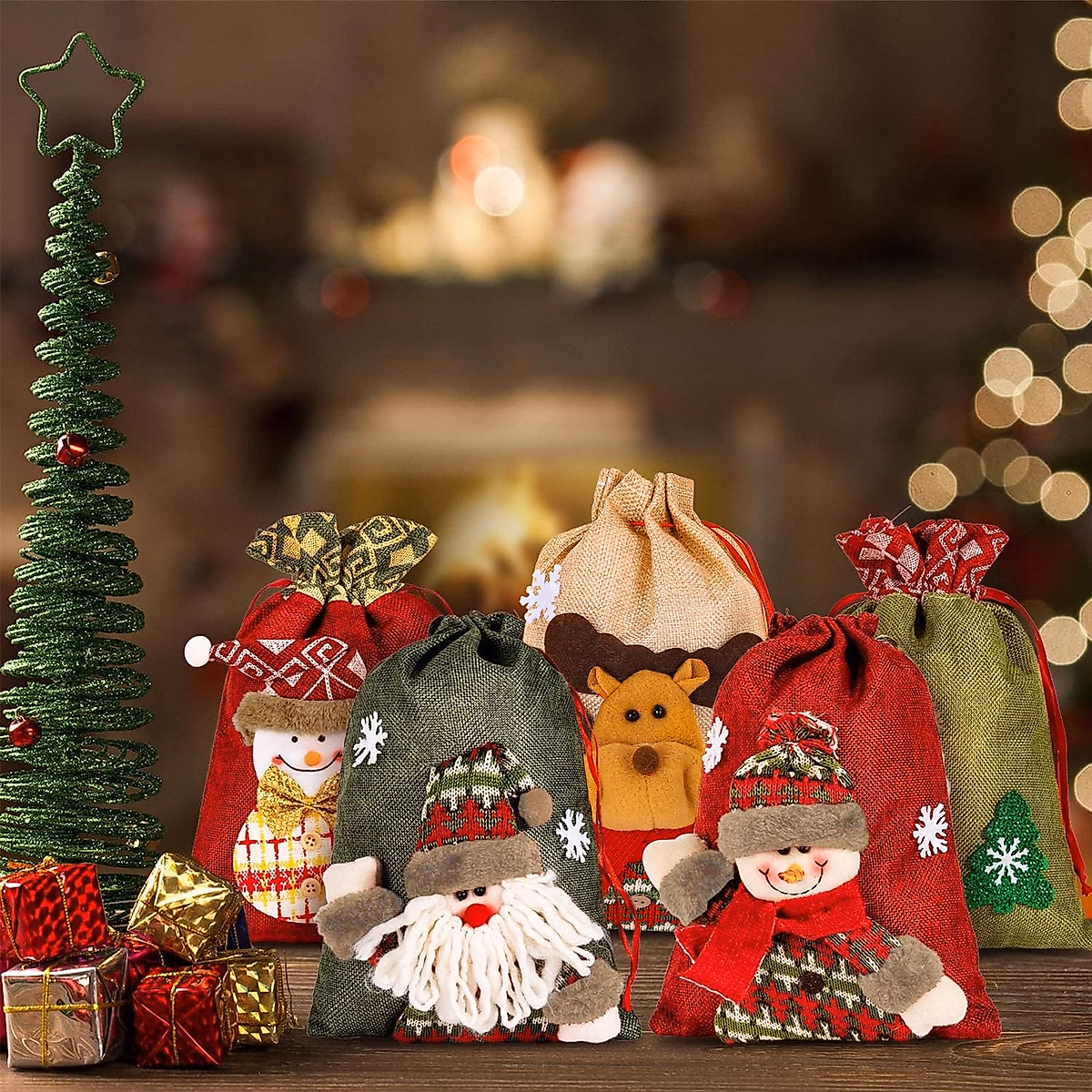 Whaline Drawstring Christmas Bags, 3D Xmas Gift Bags, Christmas Wrapping Bags, Xmas Goodie Bags, Red Treat Pouch Bags, Sack Stockings, Party Favor Bags, 8 x 11in, 8 x 12in (5 Pack)