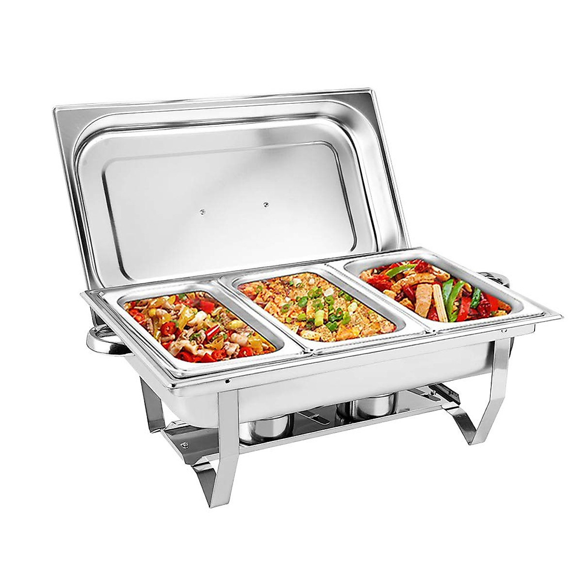 BANLICALI 3 * 3L Folding Stove, Baking Tray Container with Heater and Cover, Catering Buffet Baking Tray Stainless Steel Heating Container for Catering Party Wedding Banquets Silver