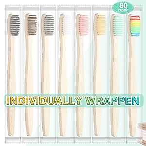 Potchen 80 Pcs Bamboo Toothbrushes Bulk Soft Bristles Toothbrushes Colorful Nylon Charcoal Soft Toothbrushes for Adults Oral Teeth Travel Use, 8 Colors, Individually Wrapped
