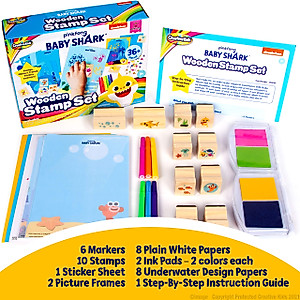 Creative Kids Baby Shark Stamp Set 36 Piece Wooden Stamps Set Includes Ink Pads, Stickers, Markers, Picture Frames - Montessori Wood Stamp Birthday Gift Set for Girls & Boys Toddlers Ages 3+