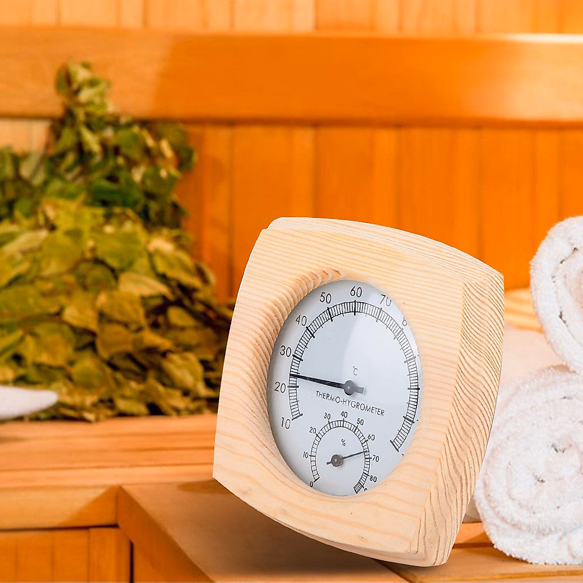 B18JPsF Wooden Sauna Thermometer,Sauna Room Hygrometer Thermometer Digital Sauna Temperature Meter Humidity Meter Used in Sauna Room, Bathroom, Hot Tubs Supplies etc