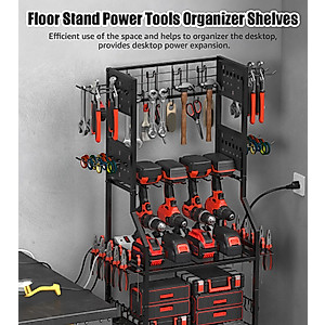 CCCEI Garage Small Power Tools Organizer Floor Stand, Drill and Battery Storage Rack with Charging Station, All Metal Tool Shelf with Pegboard and Hooks, Gift for Men.