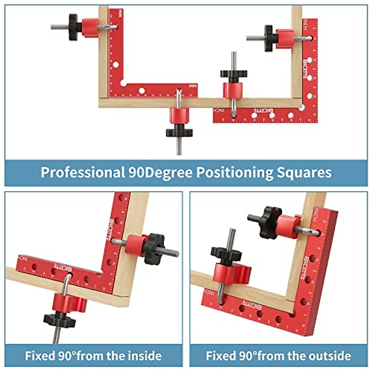DICATTE 90 Degree Positioning Square Right Angle Clamp(5.5" +4.7") Aluminum Alloy Woodworking Carpenter Tool,4 Pcs Right Angle Clamps With 4 Clamps,For Picture Frame Box Cabinets Drawers (RED)